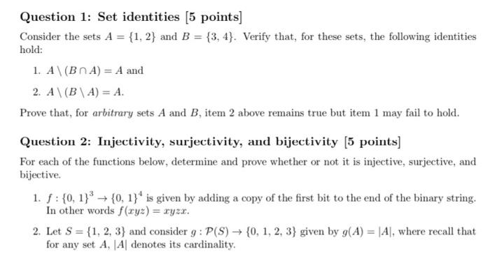 Solved Question 1: Set identities [5 points] Consider the | Chegg.com