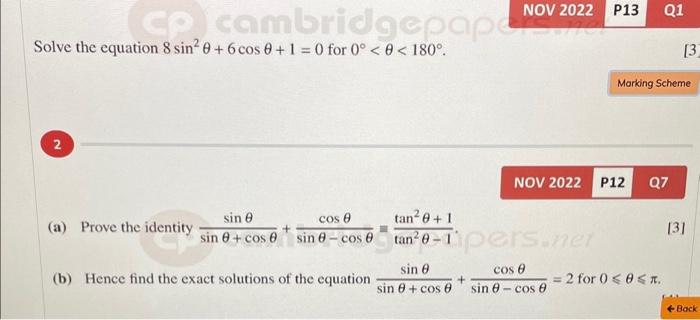 Solved Solve the equation 8sin2θ+6cosθ+1=0 for 0∘