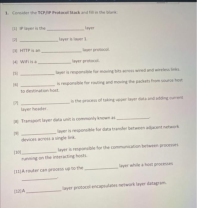 Solved Consider the TCP/IP Protocol Stack and fill in the | Chegg.com