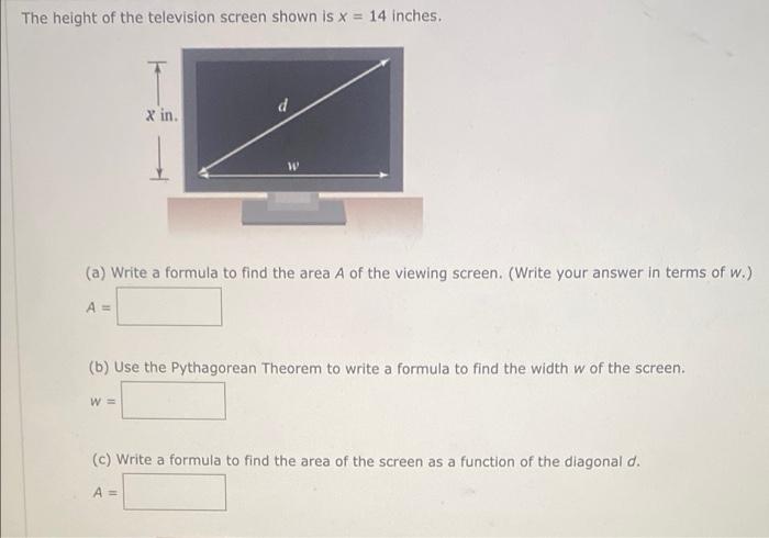Solved The height of the television screen shown is x = 14 | Chegg.com
