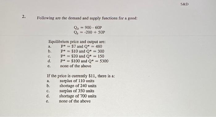 Solved 2. Following are the demand and supply functions for | Chegg.com
