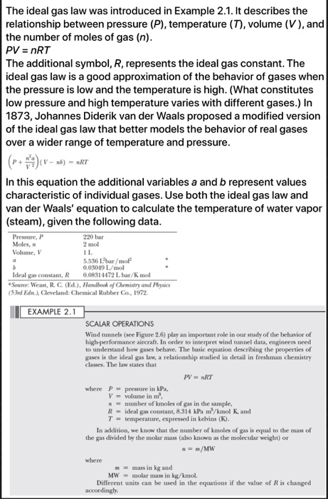 Solved The ideal gas law was introduced in Example 2.1. It | Chegg.com