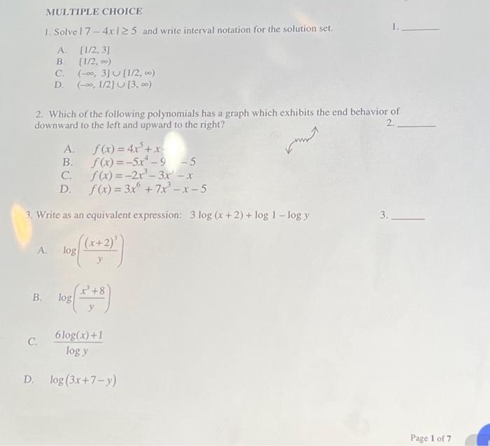 Solved MULTIPLE CHOICE 1. Solve 17-4x 125 and write interval | Chegg.com