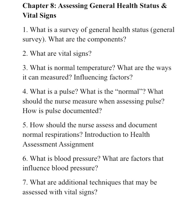 Solved Chapter 8: Assessing General Health Status & Vital | Chegg.com