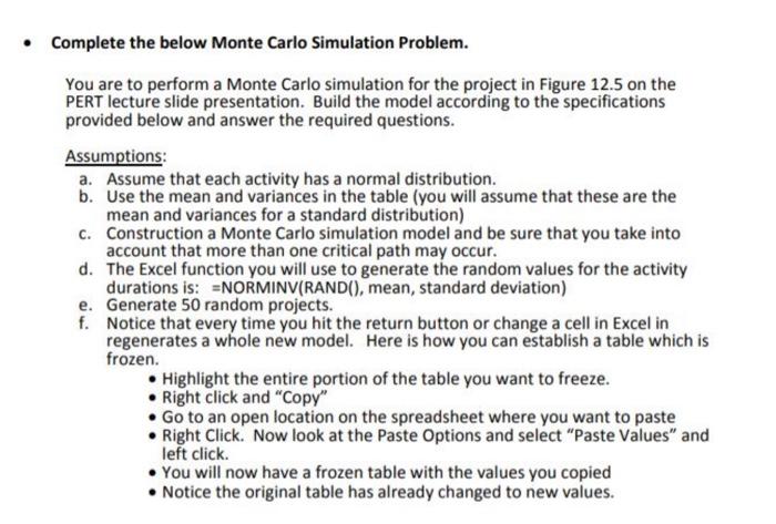 Solved • Complete the below Monte Carlo Simulation Problem. | Chegg.com