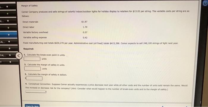 Solved Margin of Safety Comer Company produces and sells | Chegg.com