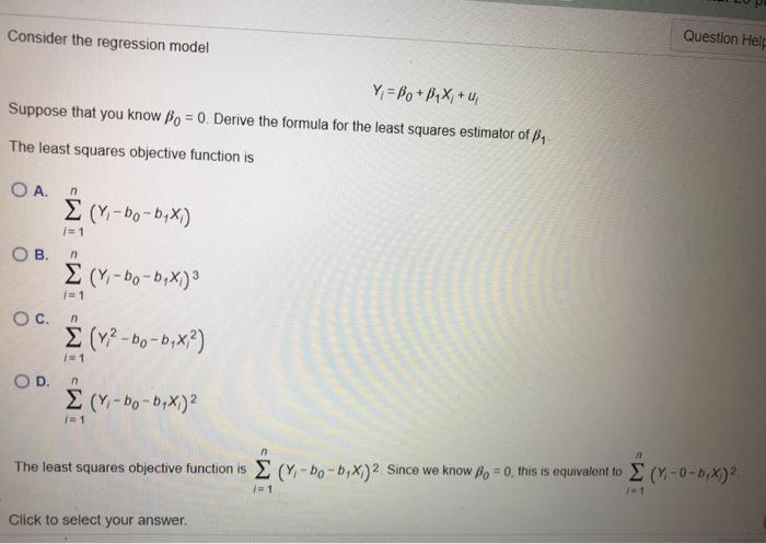 Solved Question Help Consider the regression model Y = Bo + | Chegg.com