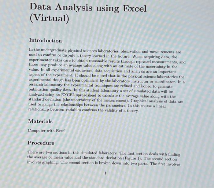 Solved Data Analysis using Excel (Virtual) Introduction In | Chegg.com