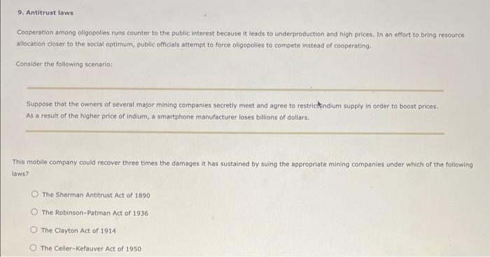 Solved 9. Antitrust laws Cooperation among olgopolies runs | Chegg.com
