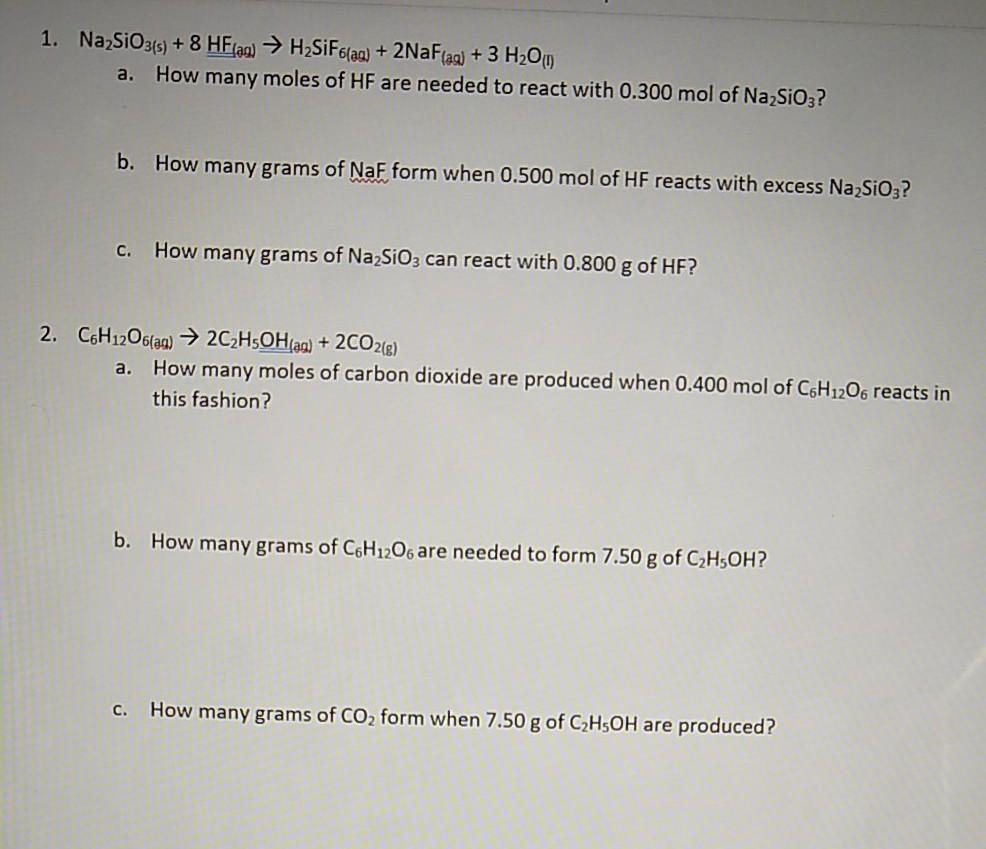 Solved 1. Na2SiO3(s) + 8 HFran) → H2SiF6(an) + 2NaF(aa) + 3 | Chegg.com