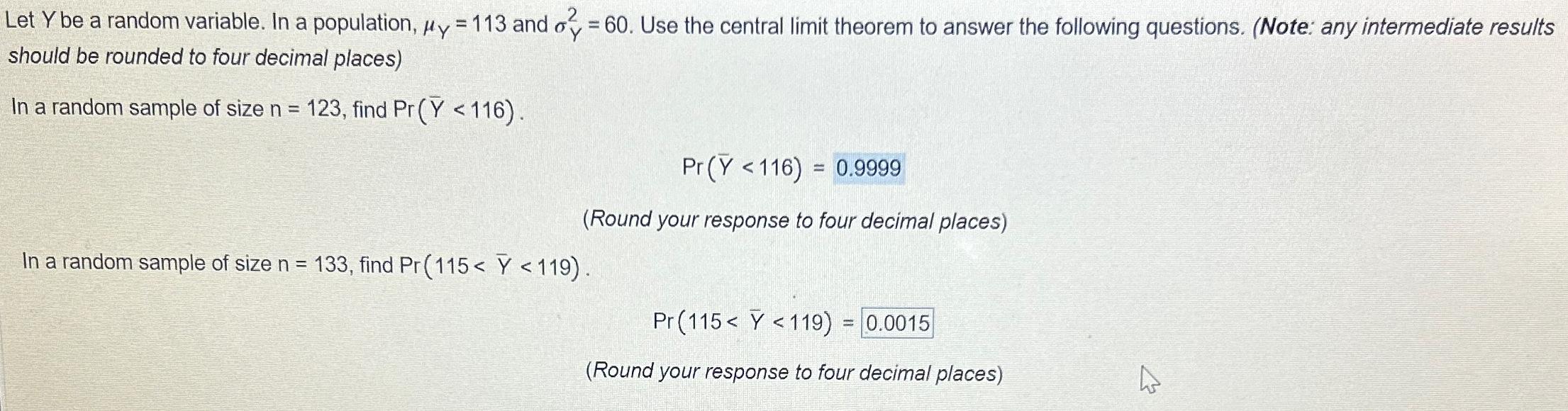 Solved Let Y ﻿be a random variable. In a population, μY=113 | Chegg.com