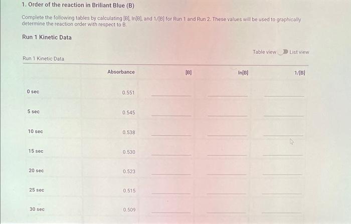 Solved 1. Order of the reaction in Briliant Blue (B) | Chegg.com