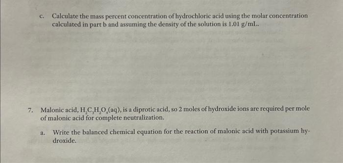 Solved C. Calculate the mass percent concentration of | Chegg.com