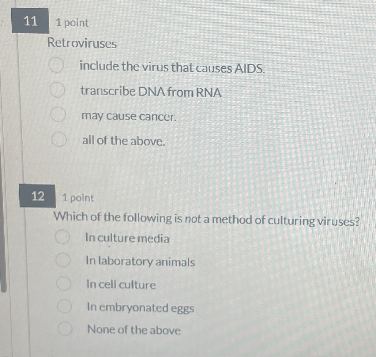 Solved 1 ﻿pointRetrovirusesinclude the virus that causes | Chegg.com