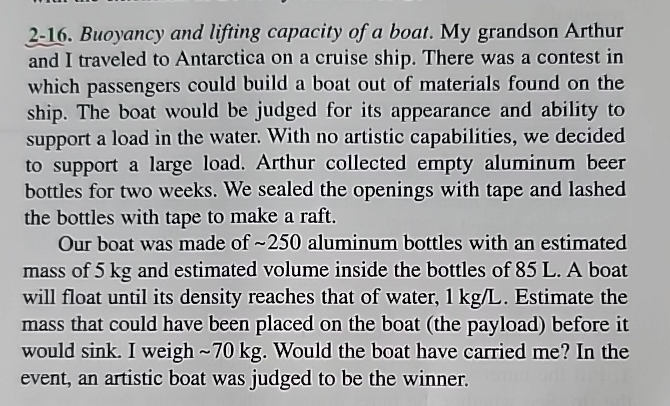 Solved 2-16. ﻿Buoyancy and lifting capacity of a boat. My | Chegg.com