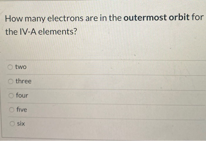 Solved How many electrons are in the outermost orbit for the | Chegg.com