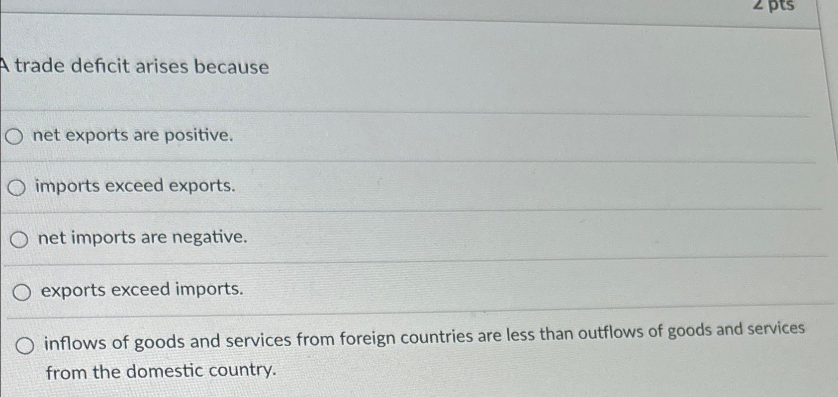 Solved A trade deficit arises becausenet exports are | Chegg.com