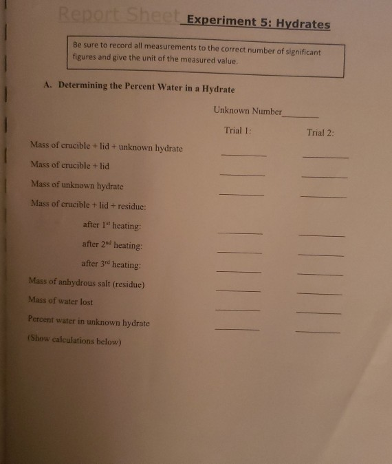 PRELIMINARY EXERCISE Experiment 5: Hydrates 1. List | Chegg.com