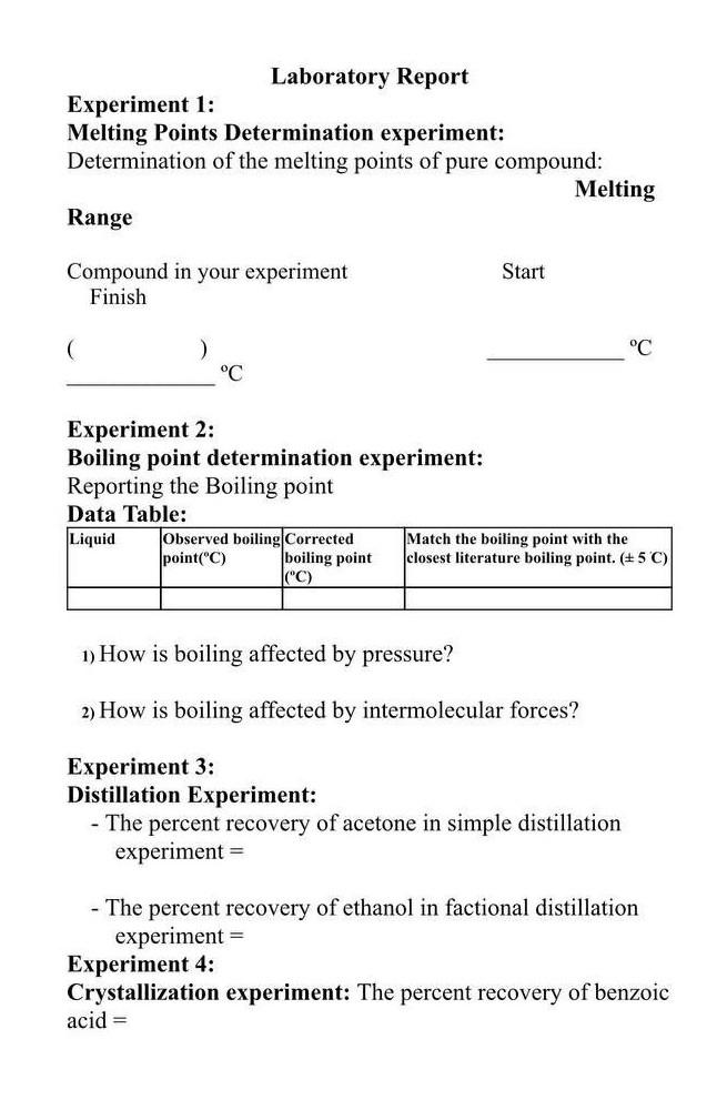 Laboratory Report Experiment 1: Melting Points | Chegg.com