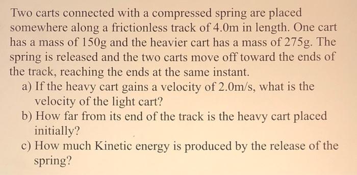 Solved Two carts connected with a compressed spring are | Chegg.com