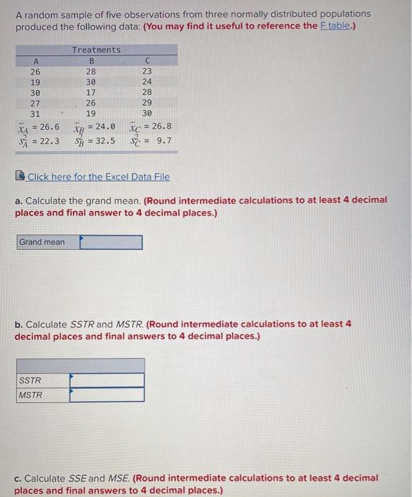 Solved A random sample of five observations from three | Chegg.com