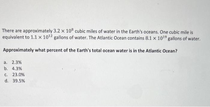 Solved There are approximately 3.2 x 10 cubic miles of water | Chegg.com