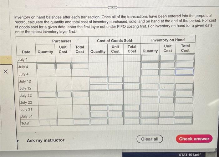 Solved inventory on hand balances after each transaction. | Chegg.com