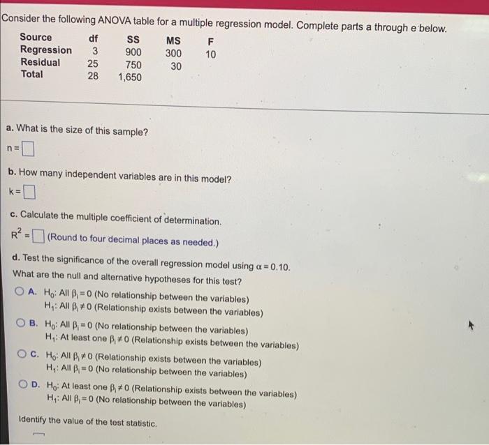 Solved Consider the following ANOVA table for a multiple | Chegg.com