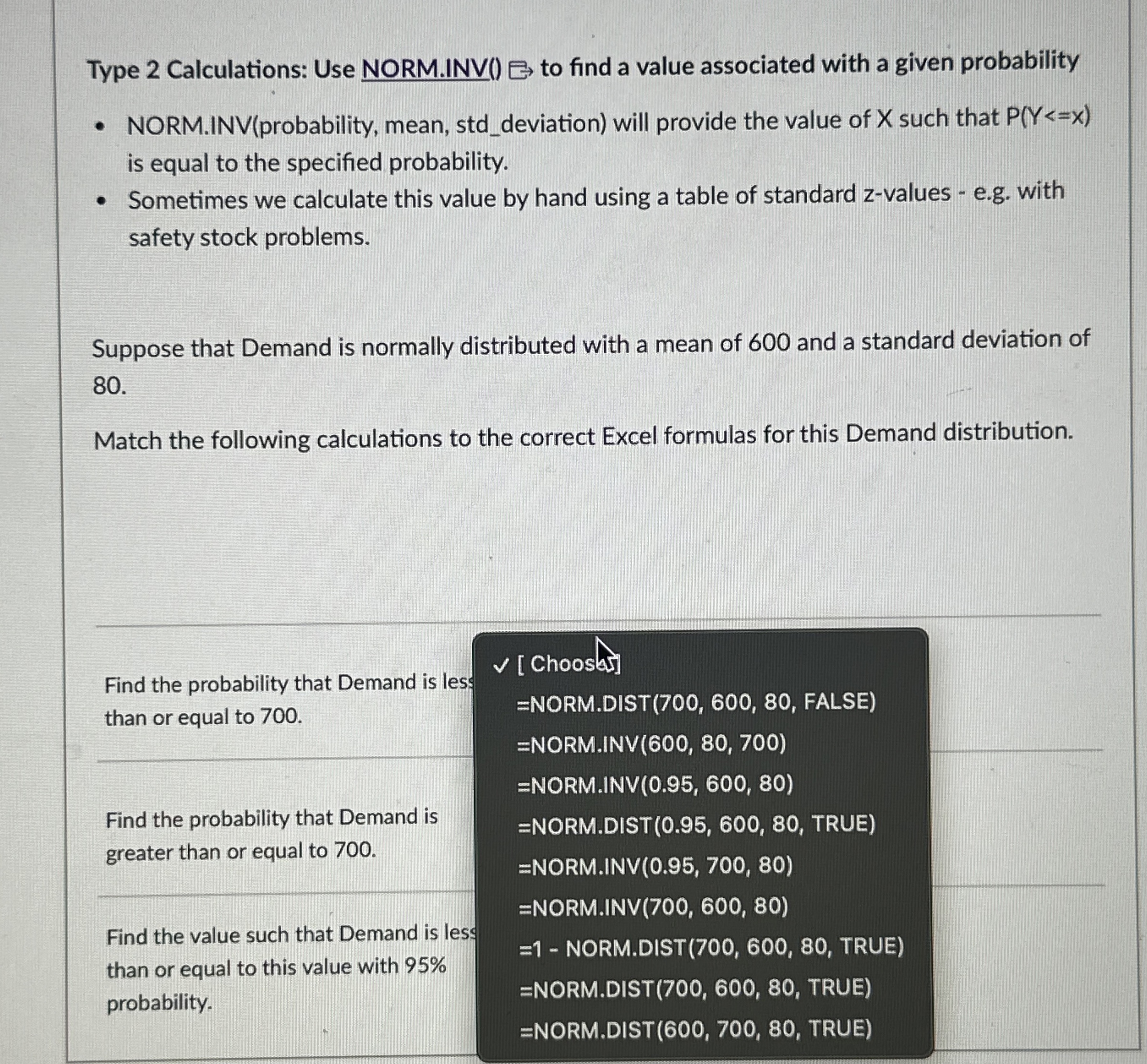 Solved Type 2 ﻿Calculations: Use NORM.INV() ﻿es to find a | Chegg.com