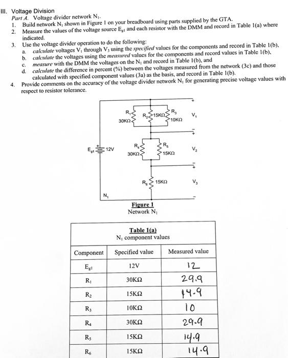 Solved III. Voltage Division Part A. Voltage divider network | Chegg.com