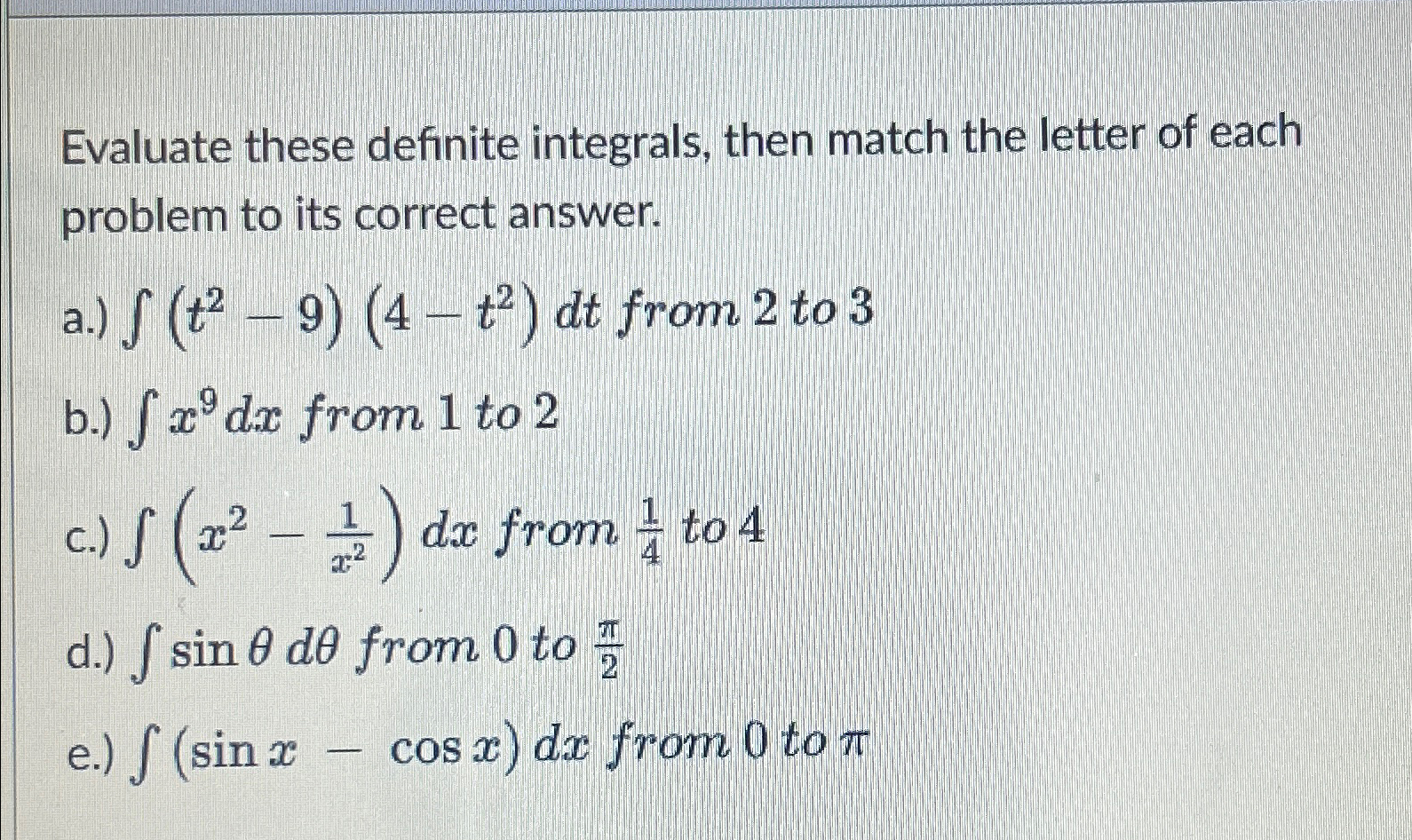 Solved Evaluate these definite integrals, then match the | Chegg.com