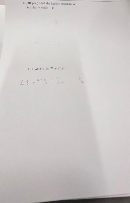 Solved 1. (30 pts.) Find the Laplace transform of (a) f(t) = | Chegg.com