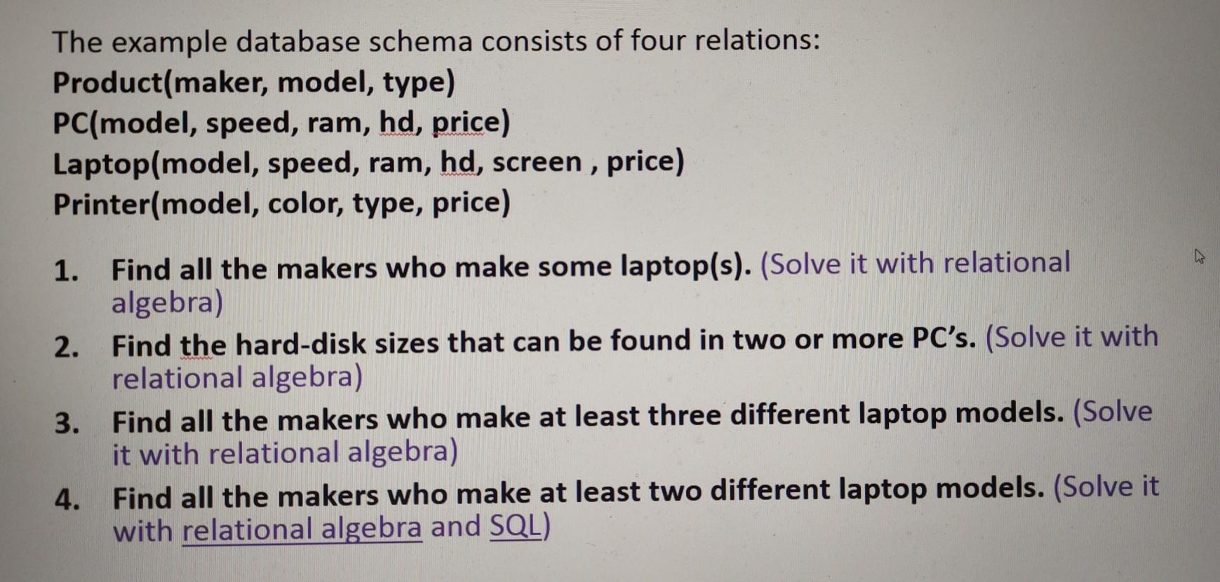 Solved The example database schema consists of four | Chegg.com