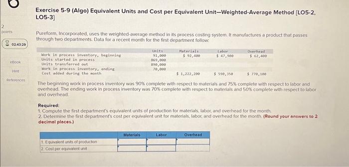 Solved Exercise 5-9 (Algo) Equivalent Units and Cost per | Chegg.com