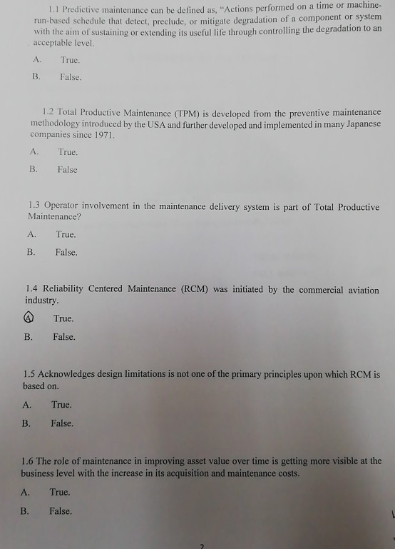 Solved 1.1 Predictive maintenance can be defined as "Actions | Chegg.com