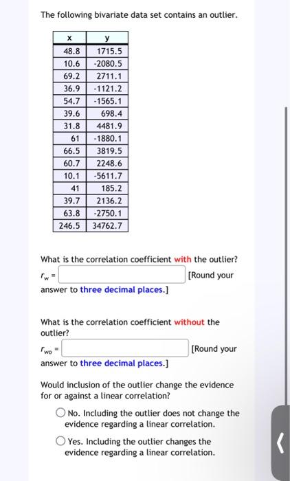 Solved The following bivariate data set contains an outlier. | Chegg.com