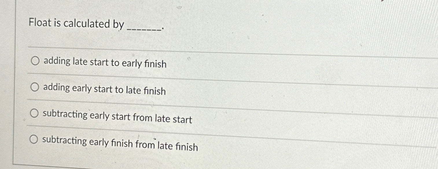 Solved Float is calculated byadding late start to early | Chegg.com
