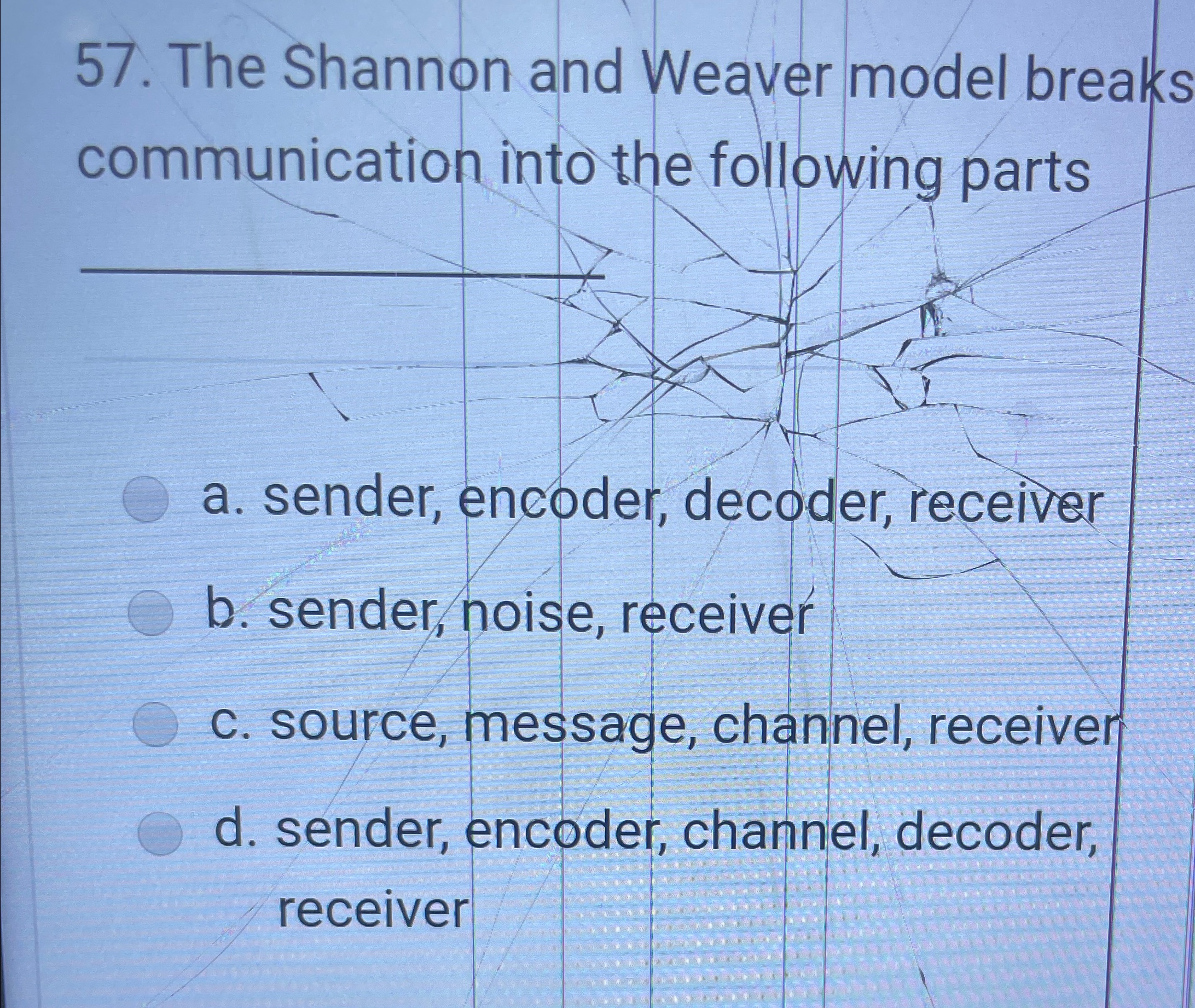 Solved The Shannon and Weaver model breaks communication | Chegg.com