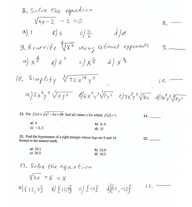 Solved 8. a) 1 d)ø 9. 8. Solve the equation Vux-2 -2=0 6) 4 | Chegg.com