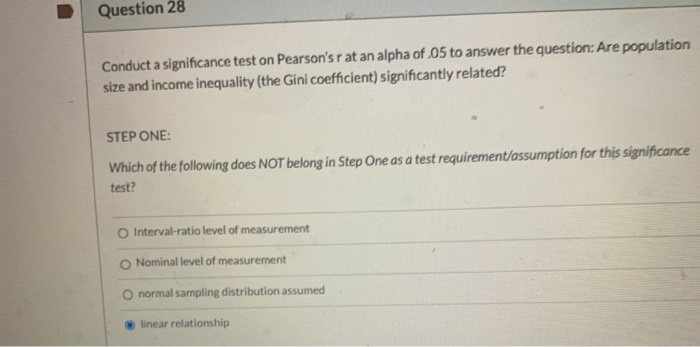 Solved Question 28 Conduct a significance test on Pearson's | Chegg.com