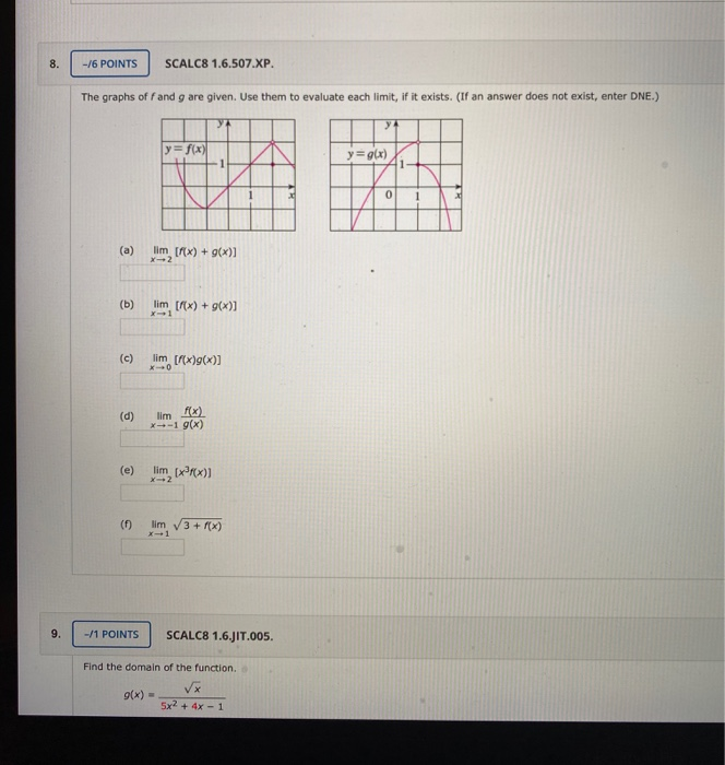 Solved -/6 POINTS SCALC8 1.6.507.XP. The graphs of fand g | Chegg.com