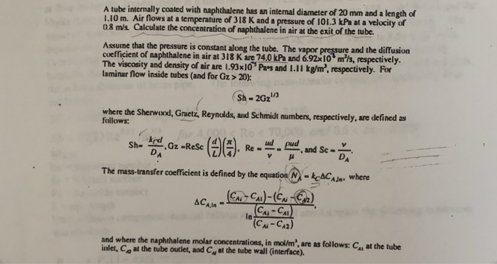 Solved A tube internally coated with naphthalene has an | Chegg.com