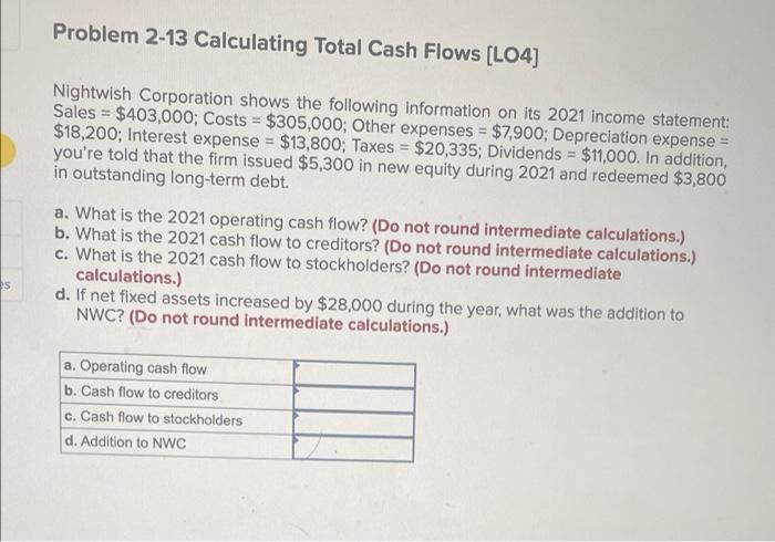 Solved Problem 2-13 Calculating Total Cash Flows (L04] | Chegg.com