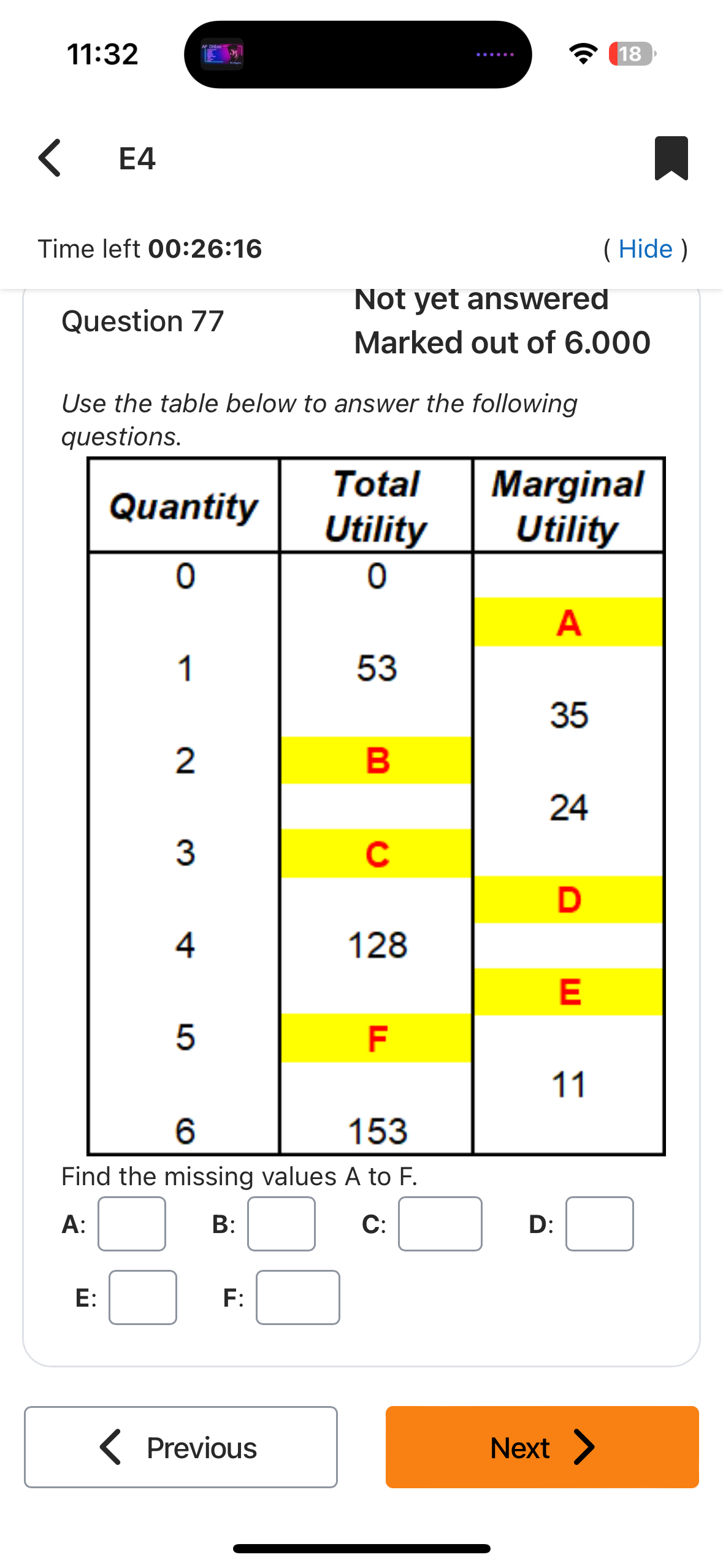 Solved 11:32E4Time left 00:26:16( ﻿Hide )Question 77Not yet | Chegg.com