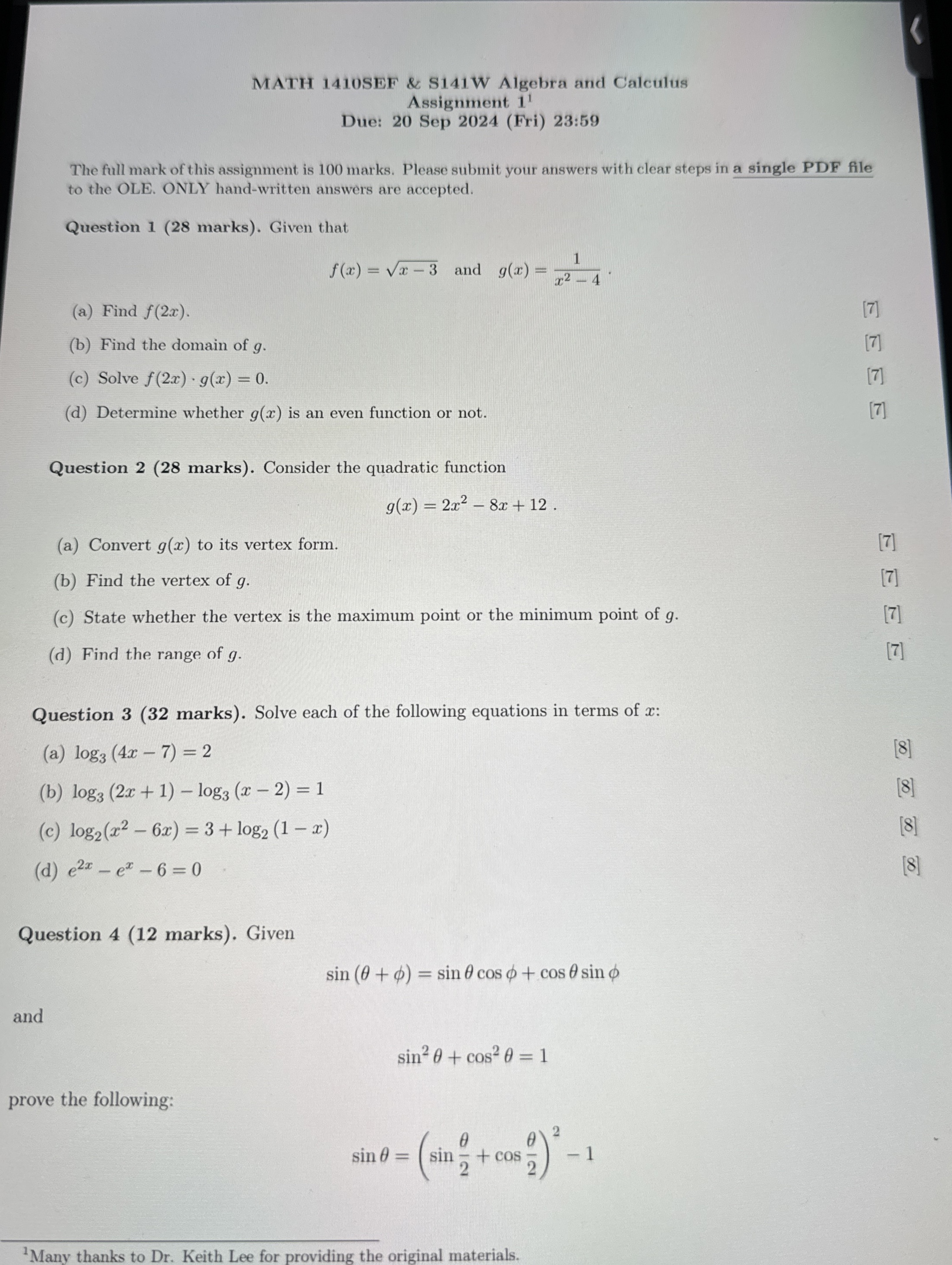 Solved MATH 1410SEF & S141W Algebra and CalculusAssignment | Chegg.com