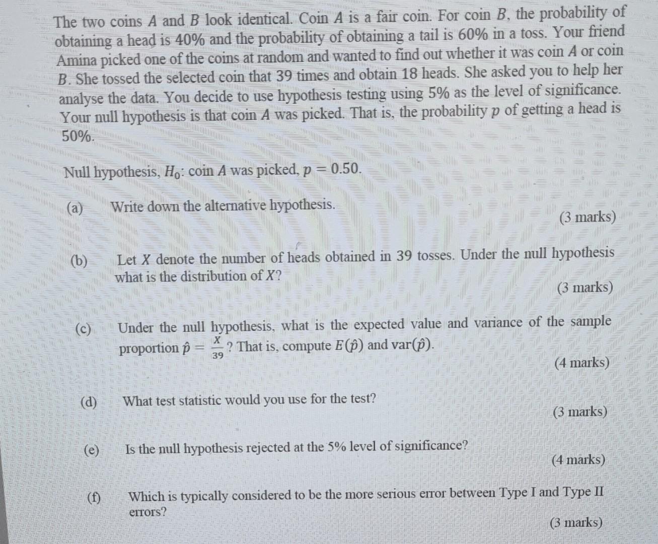 Solved The two coins A and B look identical. Coin A is a | Chegg.com
