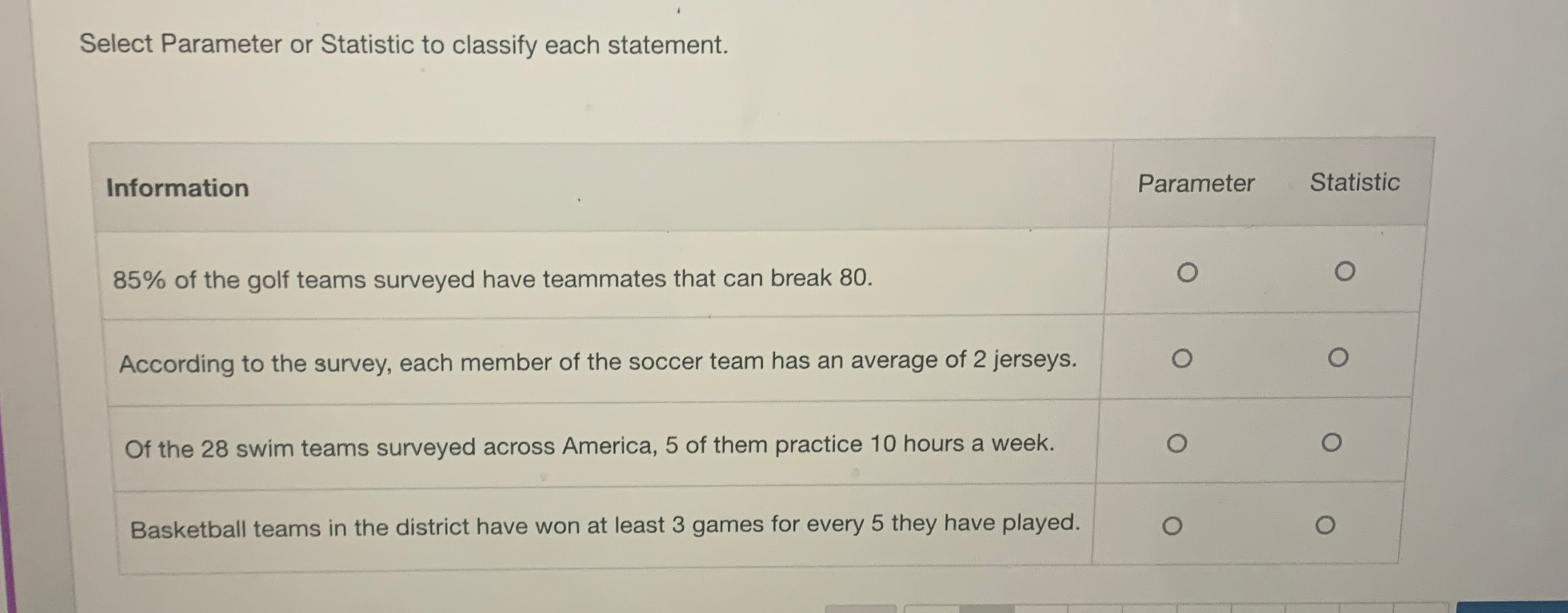 Solved Select Parameter or Statistic to classify each | Chegg.com