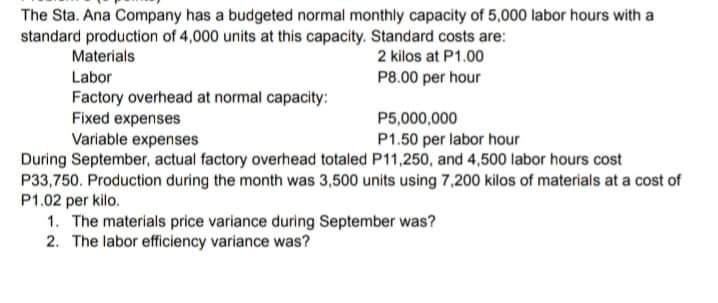 Solved The Sta. Ana Company has a budgeted normal monthly | Chegg.com