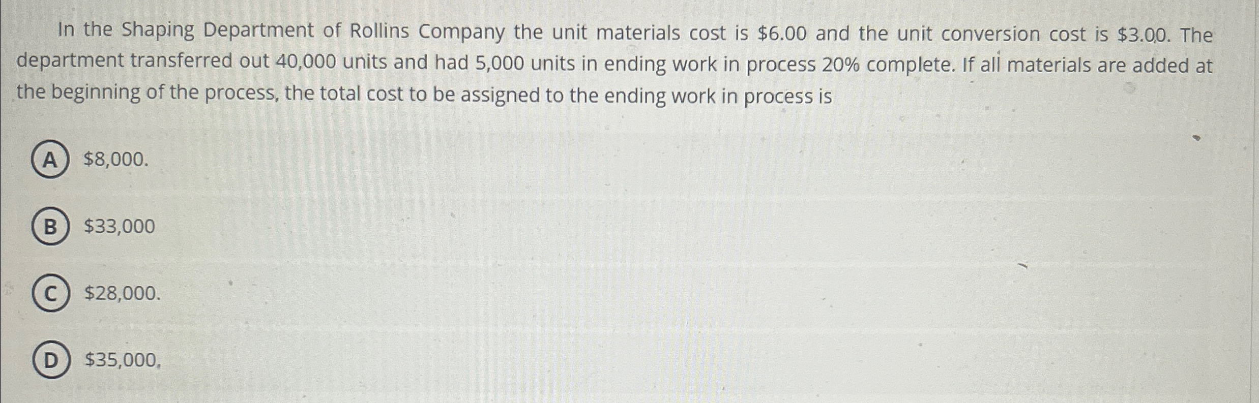 Solved In the Shaping Department of Rollins Company the unit | Chegg.com
