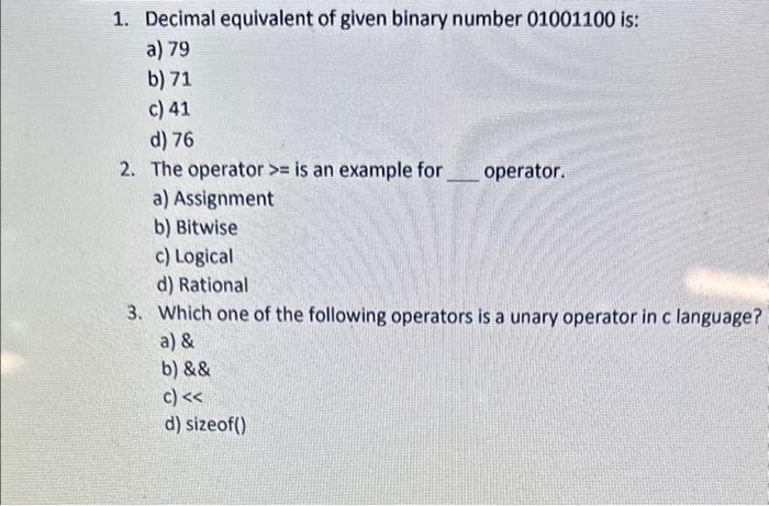 Solved 1. Decimal equivalent of given binary number 01001100 | Chegg.com